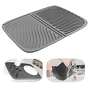 IYYI Silicone Dish Drying Mat Large Draining Mat Foldable Drainer Mat Heat Resistant Dryer Mat Dishwasher Safe Drainboard (L+Gray)