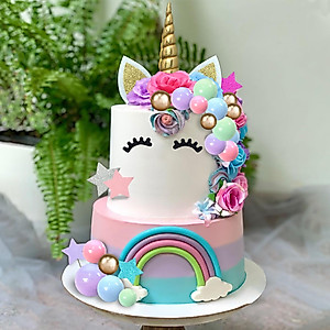 38 PCS Unicorn Cake Topper, Unicorn Flower Cake Decorations with Flowers Balls Stars Unicorn Happy Birthday Cake Decorations for Boys Girls Kids Birthday Party Baby Shower Supplies (Flower)