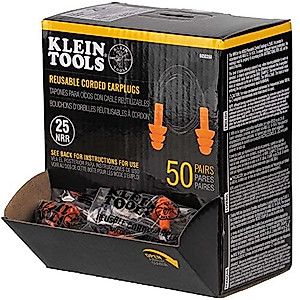 Klein Tools 605036 Corded Earplugs, 25dB NRR, Reusable Orange Earplugs, 6-Pack with Case for Construction, Industrial Use, Shooting and Hunting