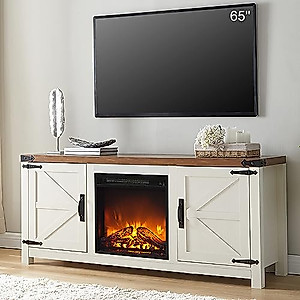 T4TREAM Fireplace TV Stand for 65 Inch TV, Farmhouse Barn Door Media Console, Entertainment Center with 18" Electric Fireplace Storage Cabinet Doors,for Living Room, 58 Inch, Antique White