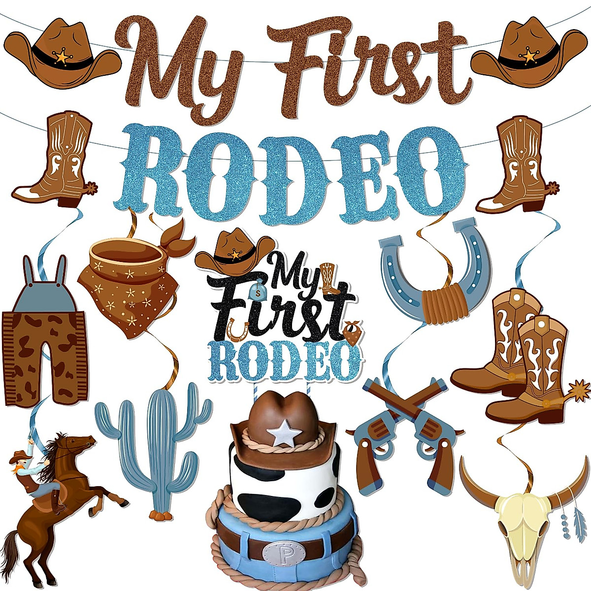 NO-DIY Cowboy Birthday Decorations, Cowboy First Rodeo Birthday Party Decorations Boy, My First Rodeo Birthday Party Supplies Boy Includes 2 Banner 1 Cake Topper 8 Hanging Swirls for Baby Shower