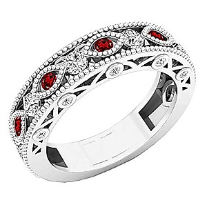 Dazzlingrock Collection 10K Round Garnet & White Diamond Ladies Vintage Stackable Wedding Band, White Gold, Size 7.5