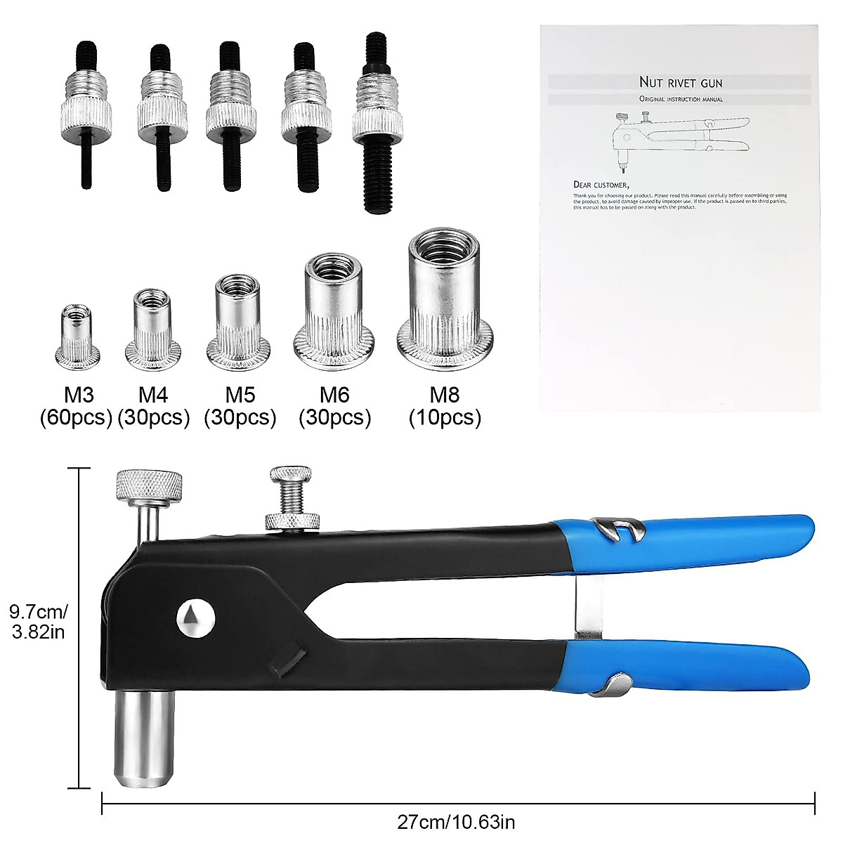 Speder 136pcs Rivet Nut Tool Kit Rivnut Tool Nut Rivet Gun kit Wrench Threaded Insert Rivnut Nutsert M6/ M3/M4/M5/M8 Set for Furniture,Decration,Car,Trailer,Boat,and More