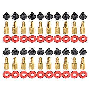 Connectors (20x Screw+20x Motherboard Riser +20x Washer) 6.5mm 6-32-M3 Computer Golden Motherboard Riser+Screws + Red Washers