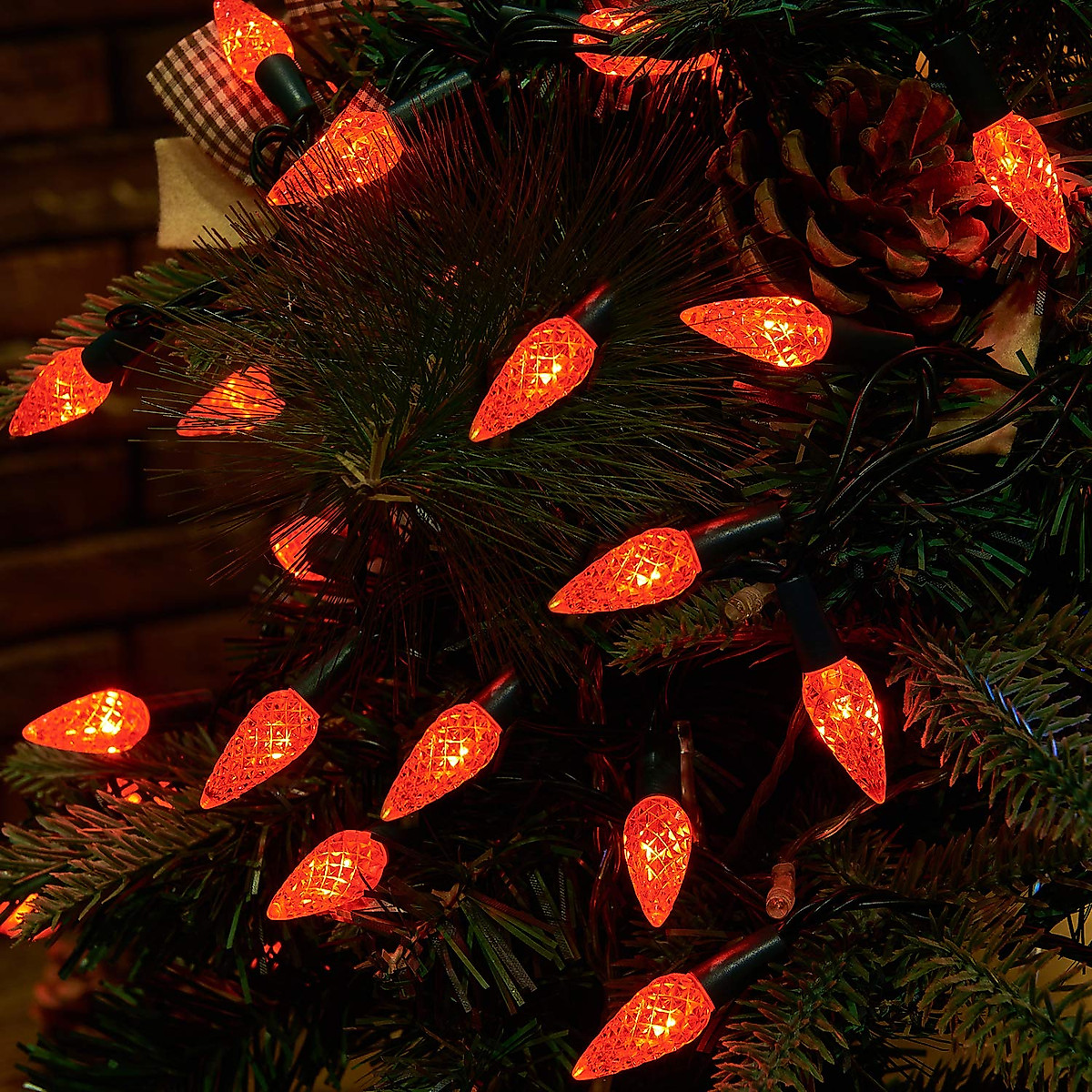 Twinkle Star 50 LED C6 Halloween String Lights, 17ft Battery Operated Fairy Lights with 8 Lighting Modes, Indoor Outdoor Black Wire Lights for Patio Garden Party Wedding Christmas Decoration, Orange