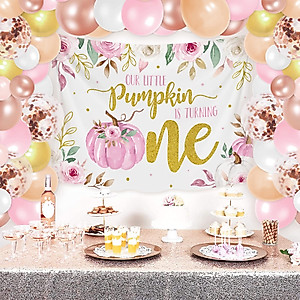 Vansolinne Pink Pumpkin First Birthday Decorations for Girls Our Little Pumpkin is Turning One Backdrop Banner and Balloon Garland Arch Kit 1st Birthday Party Supplies Background Photoshoot Props