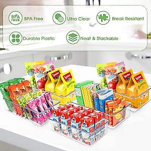ZIZOTI Food Pantry Organization and Storage Bins 7 Pack Clear Plastic Removable Snack Organizer Racks w 3 Dividers, Great for Organize Packets, Spices, Pouches Stackable Fridge Kitchen, Cabinets