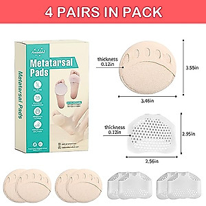 Metatarsal Pads for Women and Men - AMODOST Ball of Foot Cushions Shoe Pads for High Heels - Soft Gel and Silk Reusable Forefoot Heel Pads Feet Pain Relief - 4 Pairs