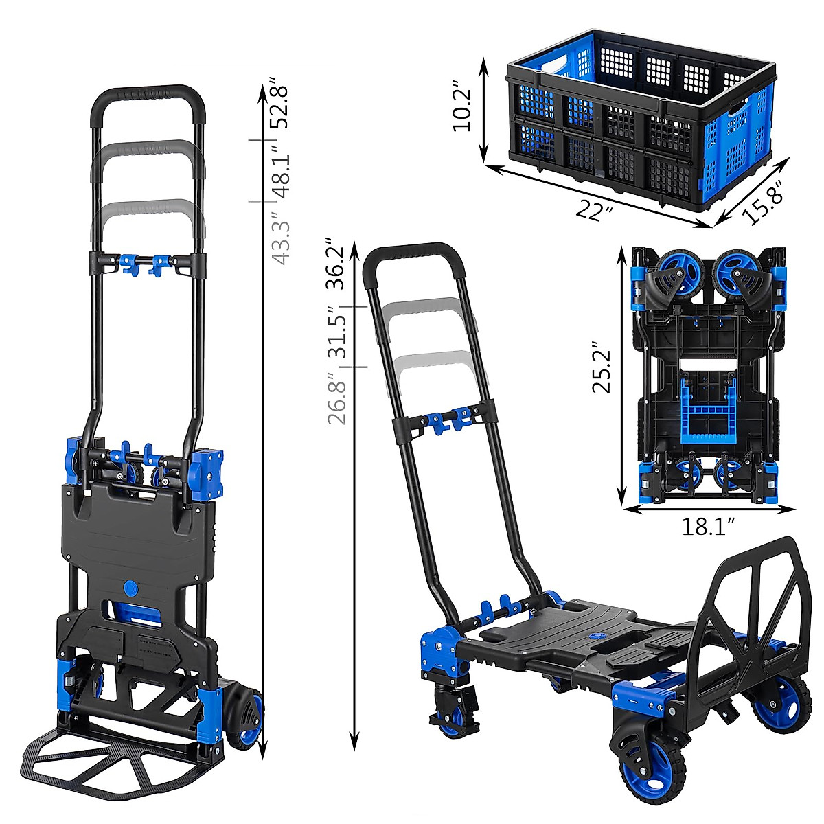 Hitgrand Folding Hand Truck, Heavy Duty Hand Truck Dolly Cart, Convertible Dolly Cart 330lbs Capacity W/Foldable Basket, 2 in 1 Luggage Trolley Cart for Warehouse Home Outdoor Moving