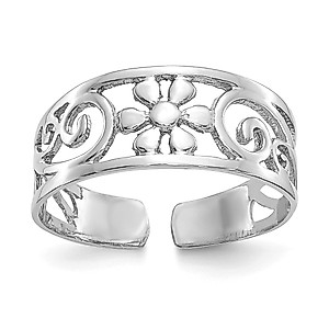 Solid 14k White Gold Floral Flower Adjustable One Size Fits All Toe Ring (3 to 6 mm)