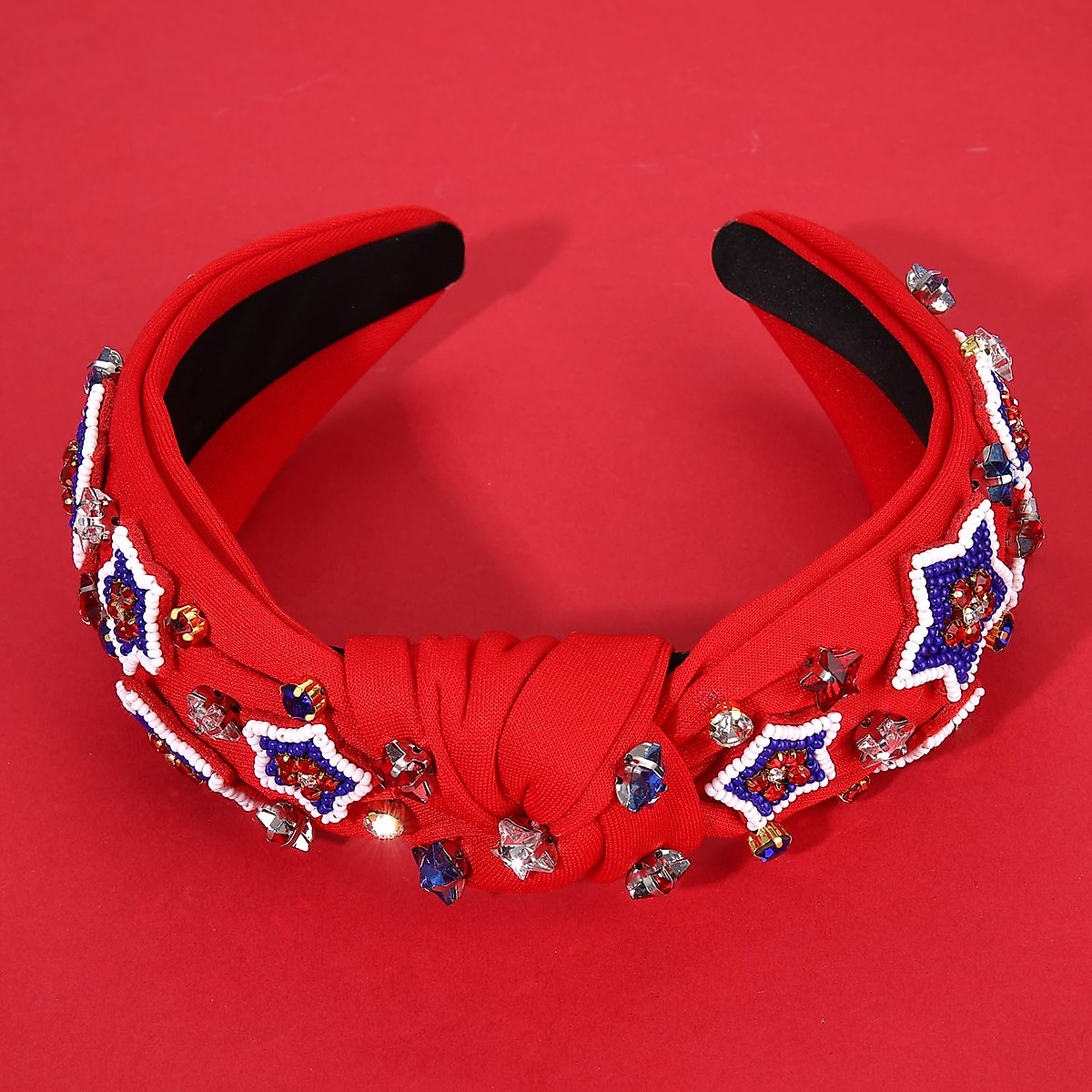 ZOLEAROPY American 4th of July Headband for Women USA Star Rhinestone Jeweled Knotted Headband Fourth of July Patriotic Red White Blue Beaded Star Top Knot Wide Hairband Hair Accessories Gift