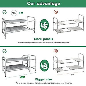 MULISOFT 2-Tier 10 Panels Under Sink Organizer Kitchen Rack Expandable Cabinet Shelf Organizer Rack with Removable Panels for Kitchen Bathroom Storage (expand from 17 to 29 inches) Stainless Steel