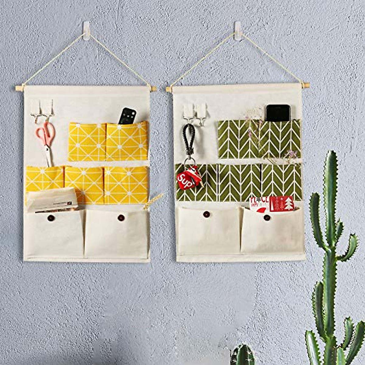 CARLBAN Hanging Organizer Storage 7 Pockets Fabric Wall Door Storage Bag(2 Packs, Yellow+Green)