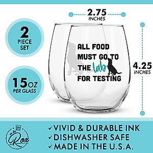 On The Rox Drinks Labrador Gifts for Labrador Lovers- All Food Must Go To The Lab For Testing 15 oz Stemless Wine Glass Set of 2 - Chocolate Lab Wine Glass - Dog Face, Black Labrador Gifts