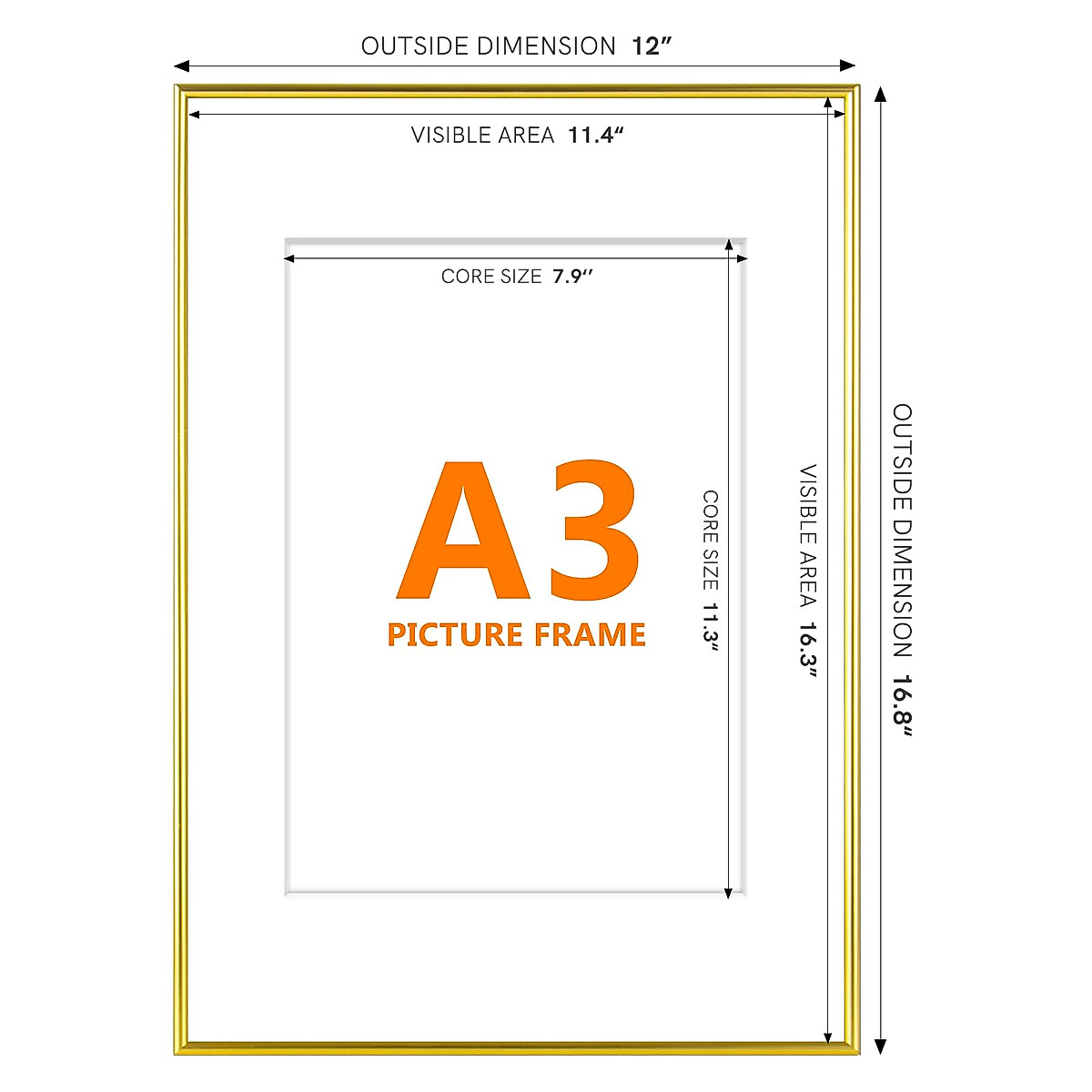 Homso A3 Picture Poster Frame, Display Pictures A4 with Mat or 11.7x16.5 Without Mat, Thin Border Metal with Plexiglass for Horizontal and Vertical, Gold