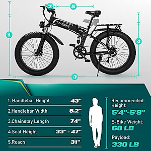 TT-EBIKE Folding Electric Bikes Adults 48V 1000W with 15Ah Removable Battery, Full Suspension 26 x 4 Fat Tire E Bikes with Shimano 7-Speed Gear for Snow Beach Mountain (1000W)