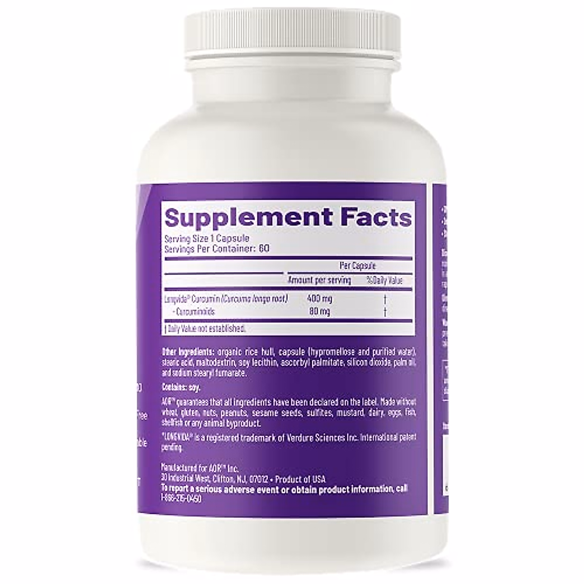 AOR, CurcuVIVA, Natural Supplement to Support Joint, Digestion and Liver Health, High Bioavailability Curcumin, 400 mg, Vegan, 60 capsules (60 servings)