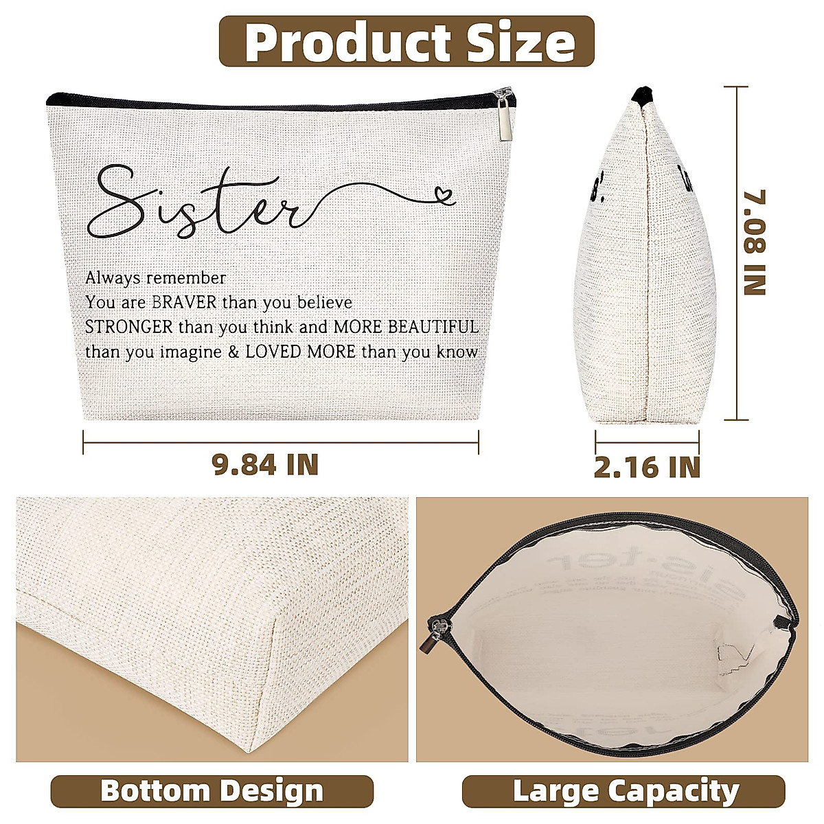 LISEVO Sister Choice Makeup Organizer Bag, Inspirational Handmade Idea Presents for Women, You Are Braver Than You Think, Sis Best Friends Birthday Women's Day Bridesmaid Party Cosmetic Toiletry Bag
