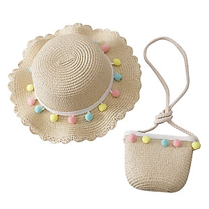 Toddler Baby Girls Straw Hat Wide Brim Sun Hat with Shoulder Bag Set Cute Pompom Beach Hat (Head circumference50-52cm/19.7-20.5", Beige)