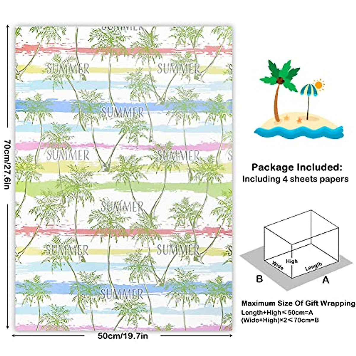 Summer Wrapping Paper, Tropical Wrapping Paper for All Occasion, Aloha Gift Wrap Paper, Hawaii Jungle Tropical Themed Coconut Tree Wrap Paper Sheet, 4 Sheets Folded Flat 20x28 Inches Per Sheet