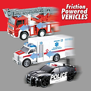 Dazmers Friction Powered City Hero Play Set Including Fire Engine Truck, Ambulance, Police Car for Kids, Boys and Girls - 3-Pack Emergency Vehicles with Light and Sound