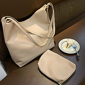 Women Fashion One Shoulder Bag Soft Pu Leather Hobo bag Set 2pcs Wallets (Apricot)