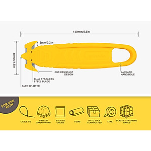 Safety Box Cutter, T TOVIA 20 Pcs Safety Utility Cutter of Stainless Steel Blade Package Opener with Tape Splitter for Cartons, Cardboard, Wrap, Straps, Film (20 PCS- Yellow)
