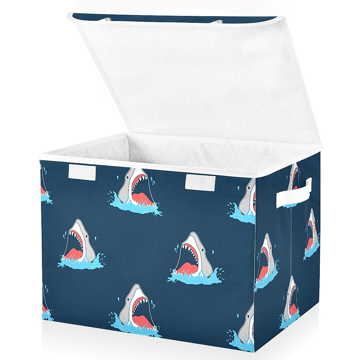 VIGTRO Large Collapsible Storage Bins with Lids Hand Drawn Shark, Summer Storage Baskets Organizer Containers with Handles for Home Bedroom Office