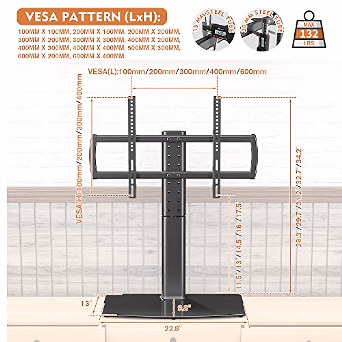 Universal Swivel TV Stand/Base Table Top TV Stand 40 to 86 inch TVs 110 Degree Swivel, 5 Level Height Adjustable, Heavy Duty Tempered Glass Base, Holds up to 132lbs Screens, HT04B-003