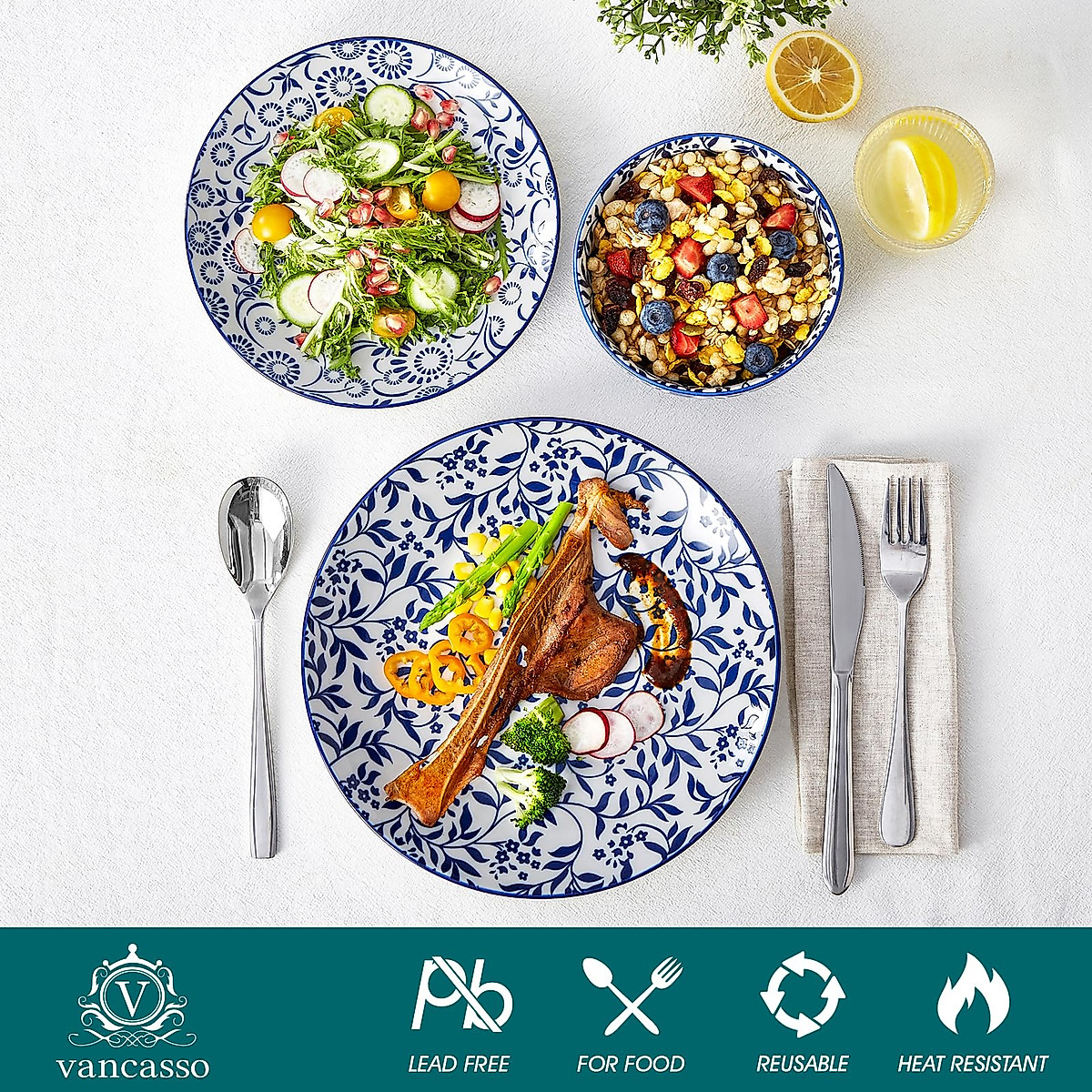 vancasso SELENE Plates and Bowls Set for 4, 12 Pieces Dinnerware Sets, Mircowave and Dishwasher Safe Dishes Set, Porcelain Blue Kitchen Set