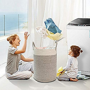 Large Tall Woven Basket 15.7x15.7x21.7in Cotton Rope Laundry Hamper with Handle, Nursery Organizers and Storage for Blanket Towel Clothes Organizing (White&Brown)
