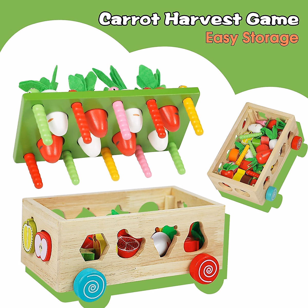 Uncle Nick Montessori Toys for Toddlers Educational Toys for 1 2 3 Year Old Girls Birthday Gifts, Wooden Shape Sorter Toy Carrot Harvest Game, Fine Motor Skill Early Learning Toys for Babies