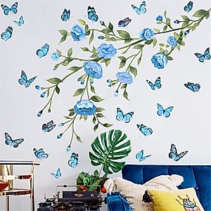 Ellis Kas Branch Blue Flower Wall Sticker Butterfly Wall Sticker Butterfly Removable Vinyl Home Stickers Murals Art Decor for Living Room Nursery Room Bedroom Office Bathroom