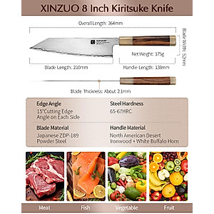XINZUO 8 Inches Japanese Kiritsuke Chef Knife, Super ZDP-189 Steel Knife, Professional Cooking Knife for Chefs&Home, 67HRC, Ergonomic Octagonal Handle with Desert Ironwood