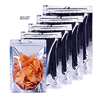 Resealable Mylar Bags Stand Up Food Storage Aluminum Foil Bags 50 Pack Reusable Pouches 5 Different Sizes for Beans Coffee Cookie Snack Food Dried Flowers Tea