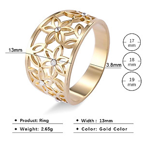 LIKGREAT Flower of Life Rings Shiny Rhinestone Flower Ring Wide Eternity Band Ring for Women (gold, 7)