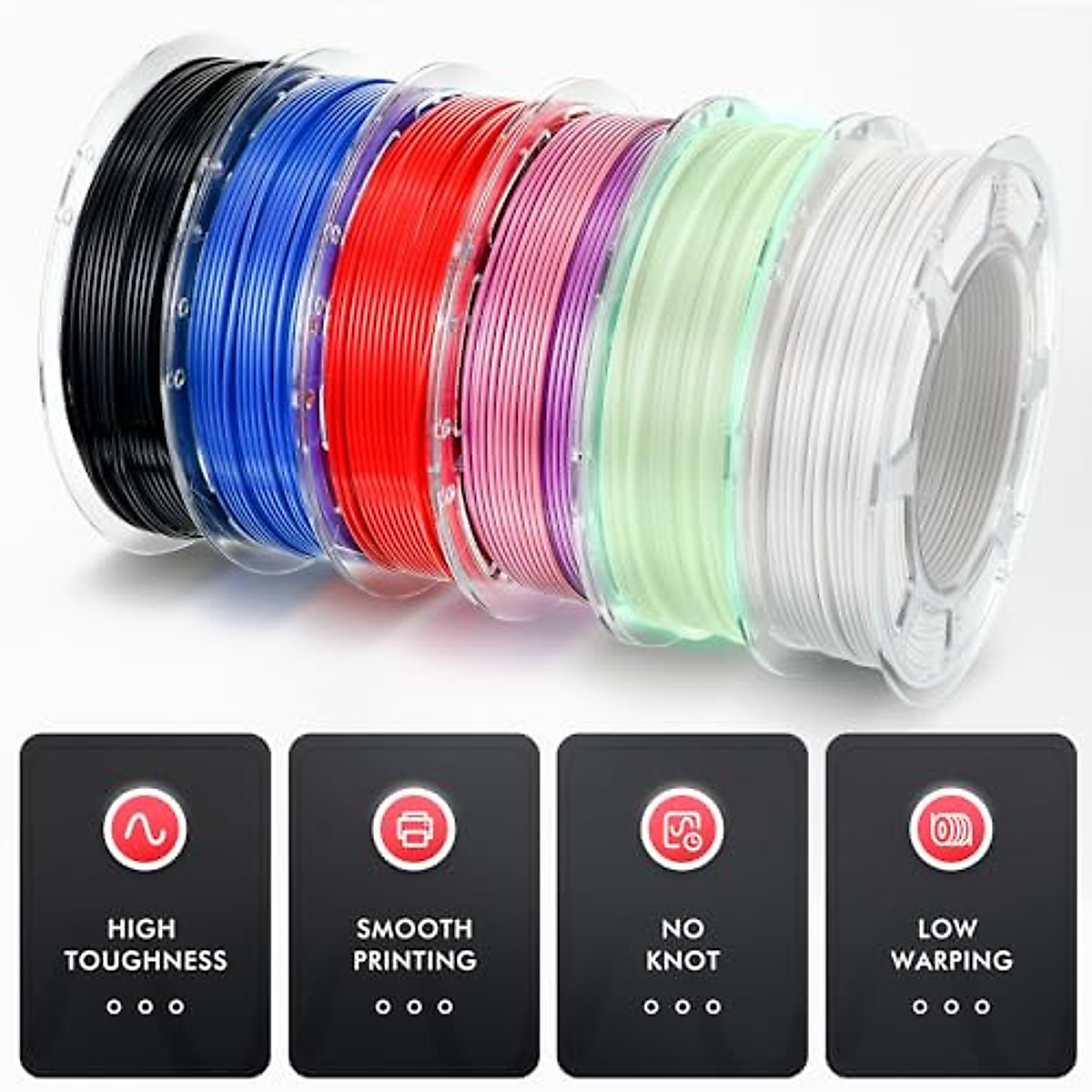 6 Colors PLA 3D Printer Filament Bundle 1.75mm PLA Printing Material Each Roll 200g Vacuum Packaging Printing Filament Dryer Black Red Blue White Rainbow Fluorescent Green Filament Supplies