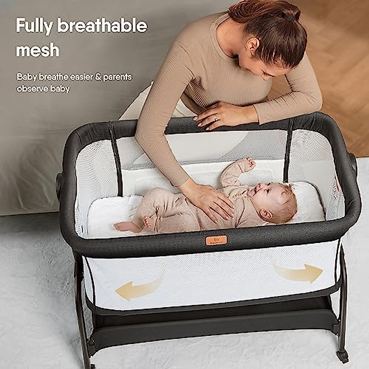 BabyBond Baby Bassinet, 3 in 1 Bassinet Bedside Sleeper with Soft Mattress and Sheet, 6 Height Adjustable Cosleeper Bedside Crib, 4-Sided Mesh Bedside Bassinet for Baby