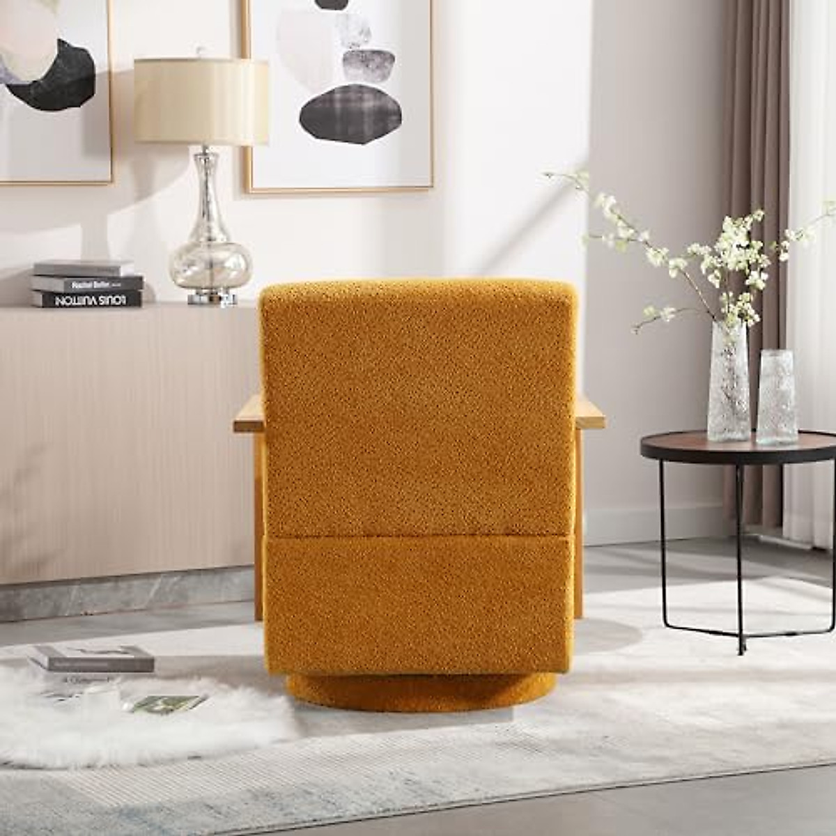 30.5" W Swivel Modern Boucle Upholstered Accent Chair with Solid Wood Armrests, Comfy Lounge Reading Chair, Side Armchair for Hotel Bedroom Living Room Office Nursery Room (Mustard)