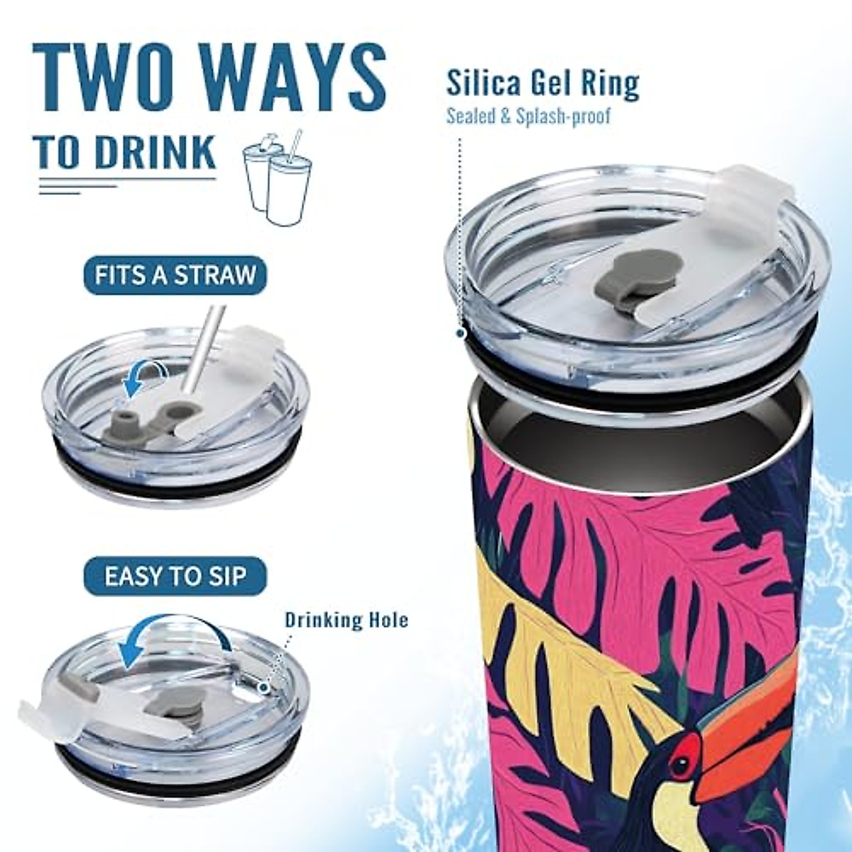 QWEUIOP 20oz Insulated Travel Coffee Mug Toucan Pattern Summer Stainless Steel Tumbler with Lid Double Wall Vacuum Coffee Cup For Hot and Cold Drinks14327