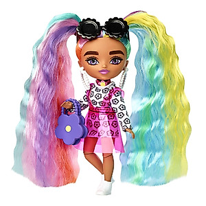 Barbie Extra Minis Doll #6 Wearing Flower Print Dress with Rainbow Hair, Doll Stand & Accessories Including Sunglasses & Purse, 5.5-inch