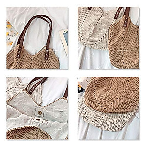 QTKJ Hand-woven Soft Boho Women's Summer Crochet Beach Shoulder Bag PU Leather Handle Woven Handbag for Women (Brown)