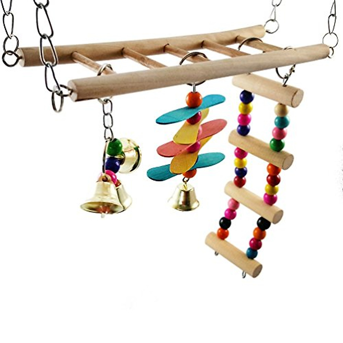 Bird Ladder Toy Hanging Swing Natural Wood Hammock Toy for Small Parrot Parakeet Cockatiel African Grey Cockatoos Conure Finch Cage Accessories(B)