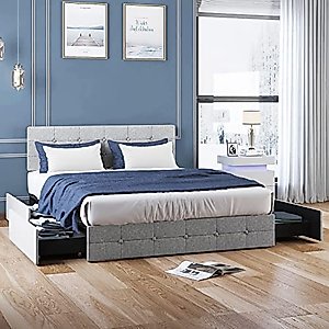 BALUS King Size Platform Bed Frame, Upholstered and Button Tufted Headboard Square Stitched, 4 Storage Drawers, Headboard Adjustable, No Box Spring Needed- Light Grey