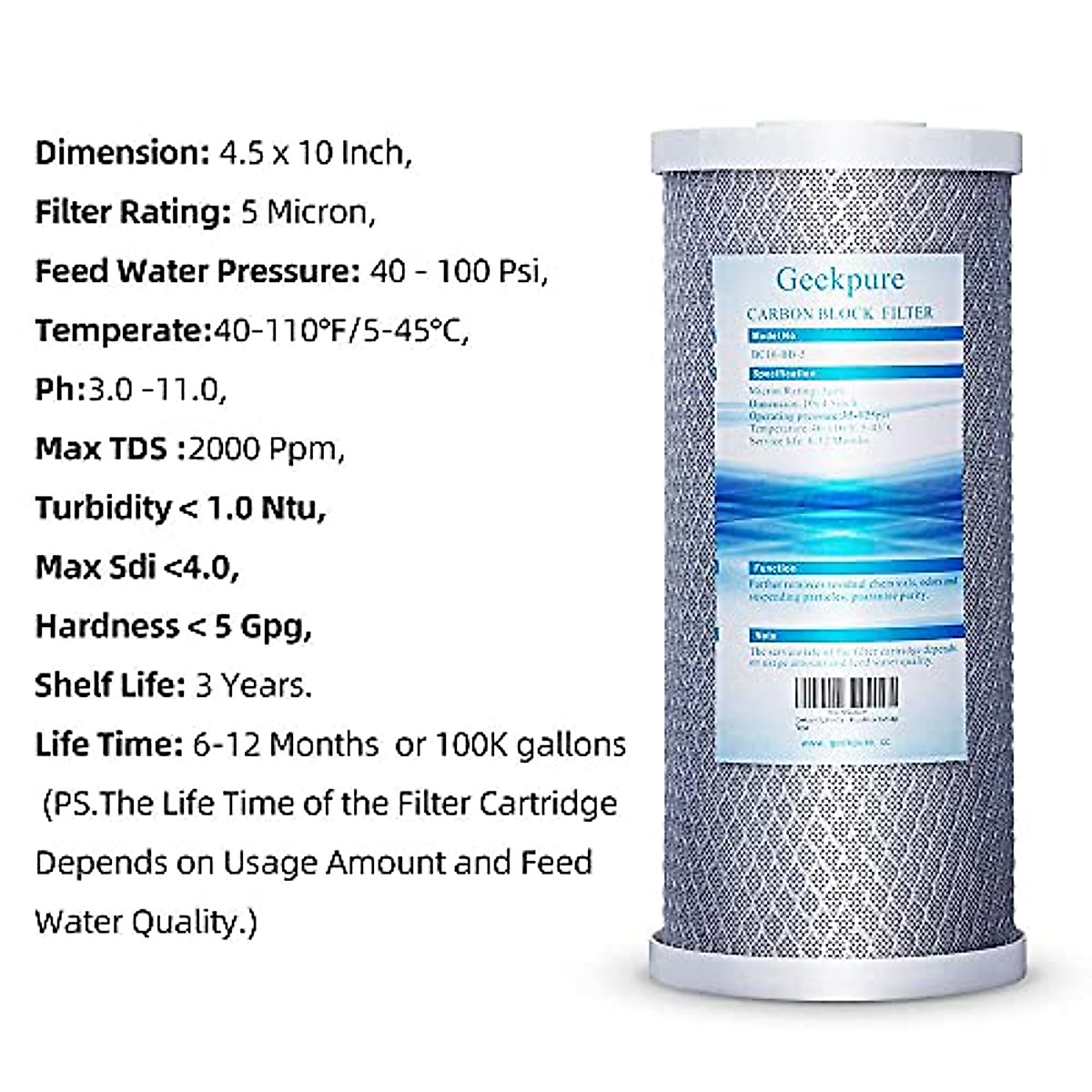 Geekpure 10 Inch Whole House Replacement Carbon Block Water Filter Cartridge -4.5"x 10"-5 Micron
