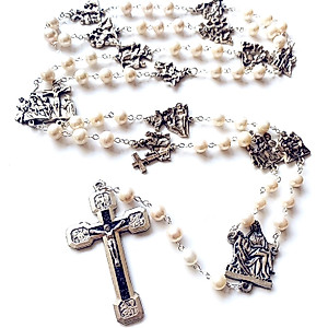 elegantmedical Stations of the Cross Prayer Rosary Real White Pearl Beads Necklace Catholic Gifts Box