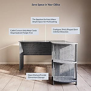 BELLEZE Modern Corner L-Shaped Home Office Computer Laptop Desk or Writing Study Workstation in Wood with Two Open Cubby Storages for Bookshelf - Kent (Grey)