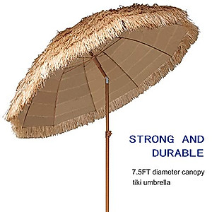 AMMSUN 7.5ft Hula Thatched Tiki Patio Beach Umbrella Hawaiian Style 10 Ribs UPF 50+ with Tilt Carry Bag for Outdoor Tiki Bar, Tropical Palapa, Patio Garden Beach Pool Backyard Natural Color