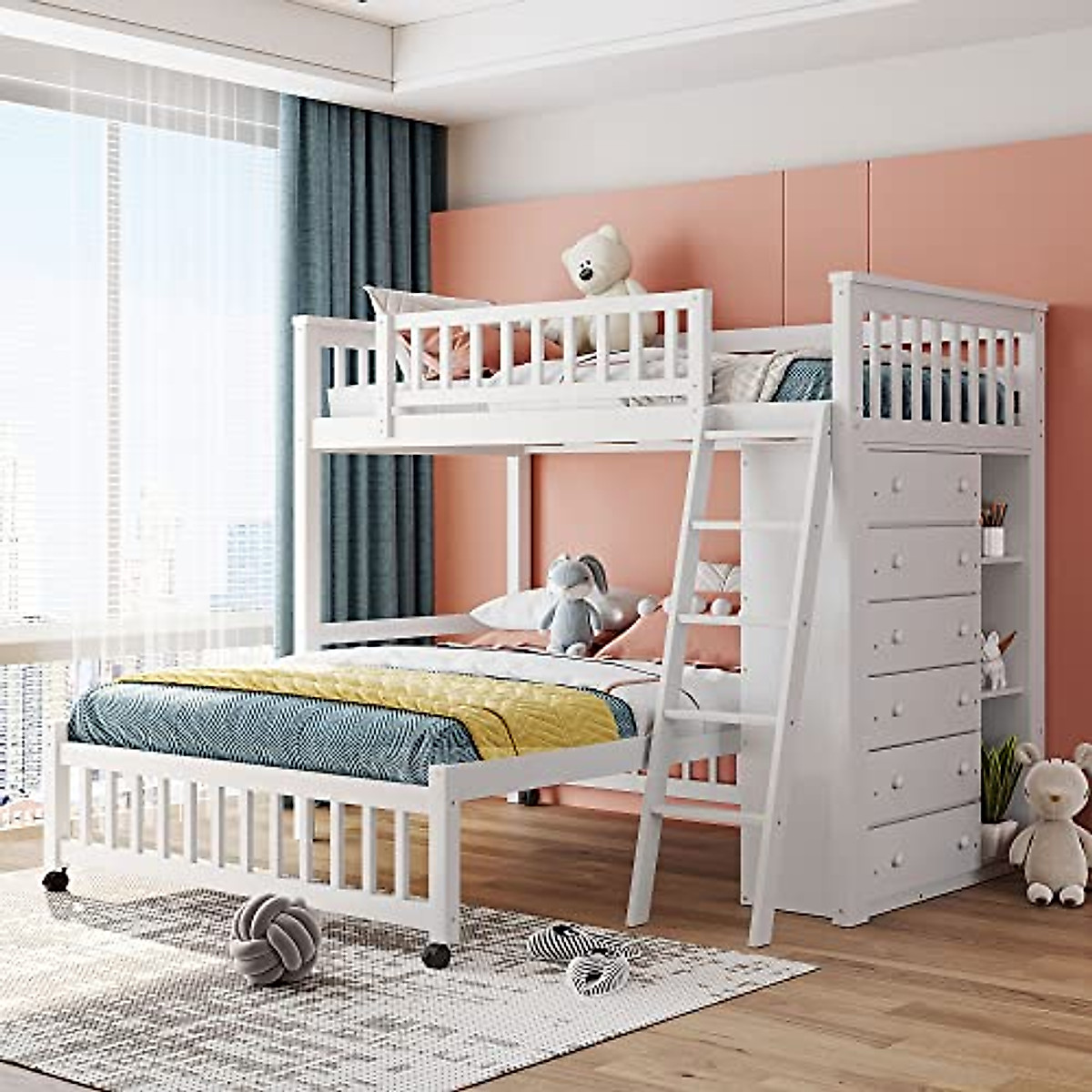 Merax Wooden Twin Over Full Bunk Bed with Six Drawers