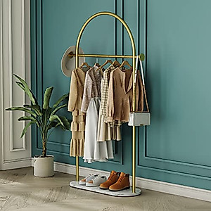 Gold Clothing Rack, Modern Clothes Rack with Marble Base, Heavy-duty Coat Racks Freestanding for Boutiques, Can Hang Jacket Garment, Hat, Scarf, Organize Shoes 31.5” W
